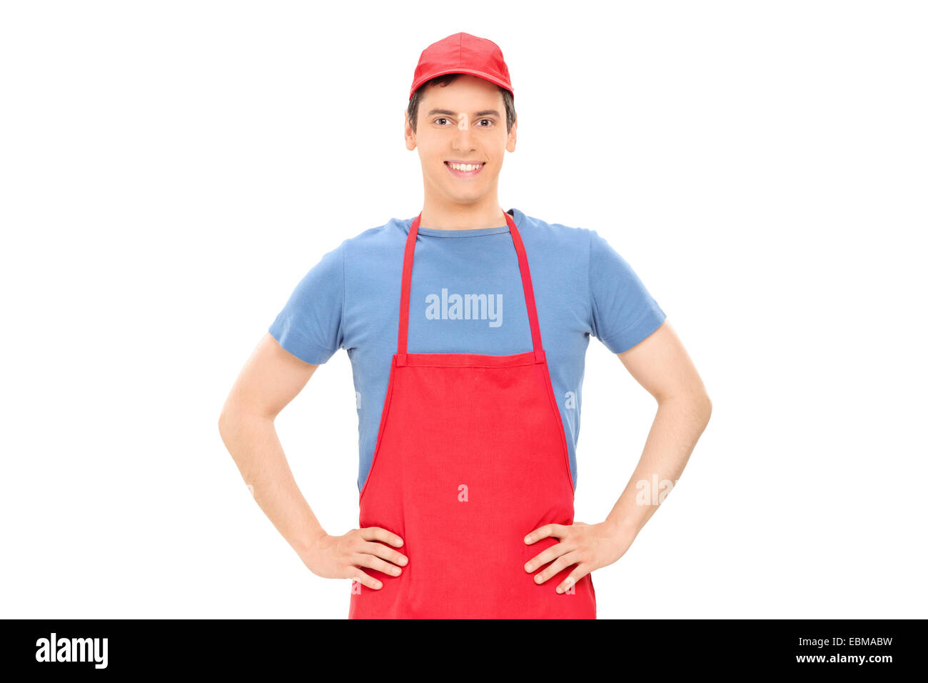 Male vendor posing isolated on white background Stock Photo - Alamy