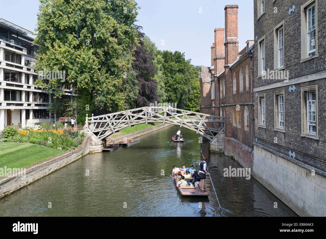 UK, Cambridge, punts on the River Cam and the Mathematical bridge that ...