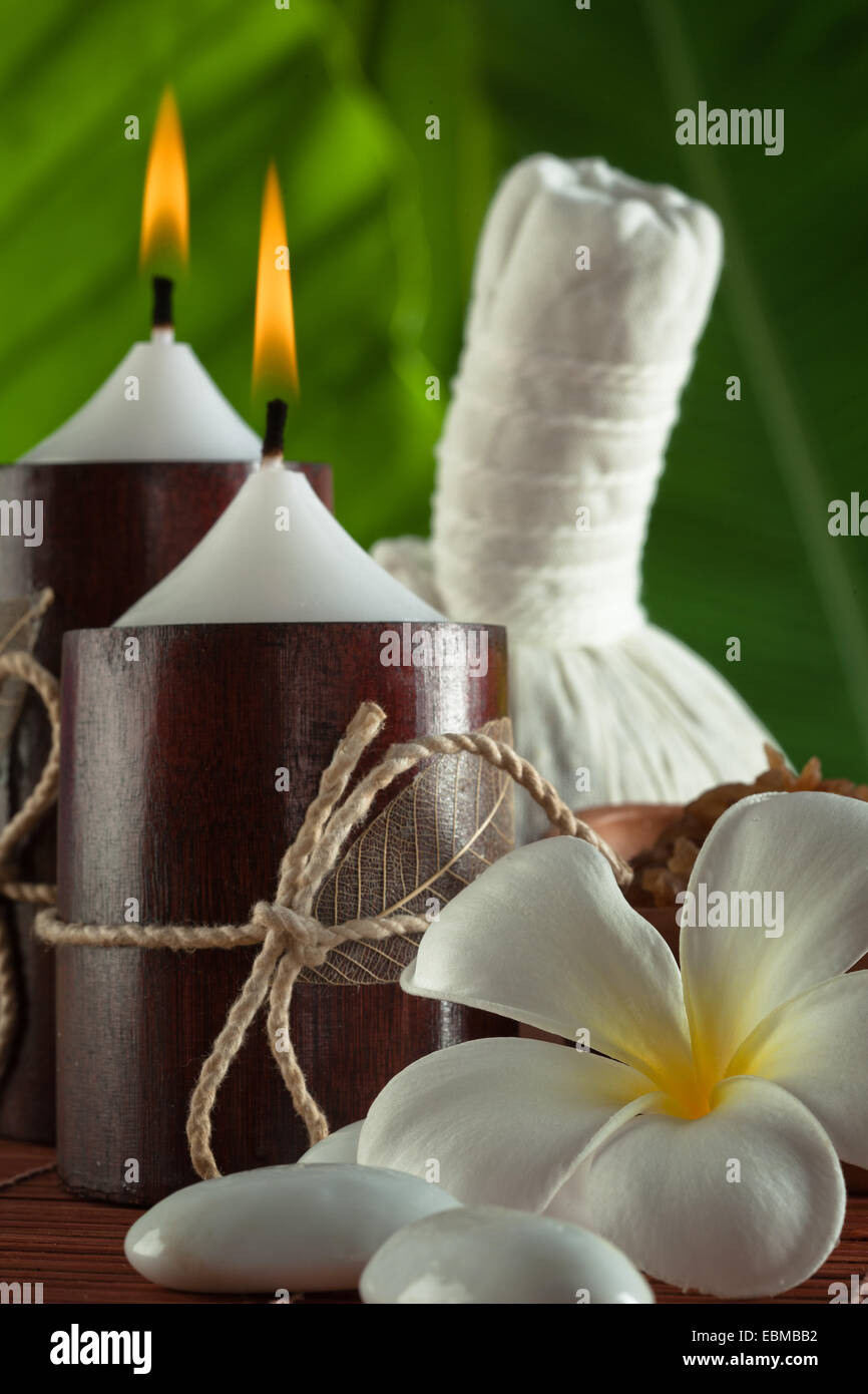 close up view of spa theme objects on green back Stock Photo - Alamy