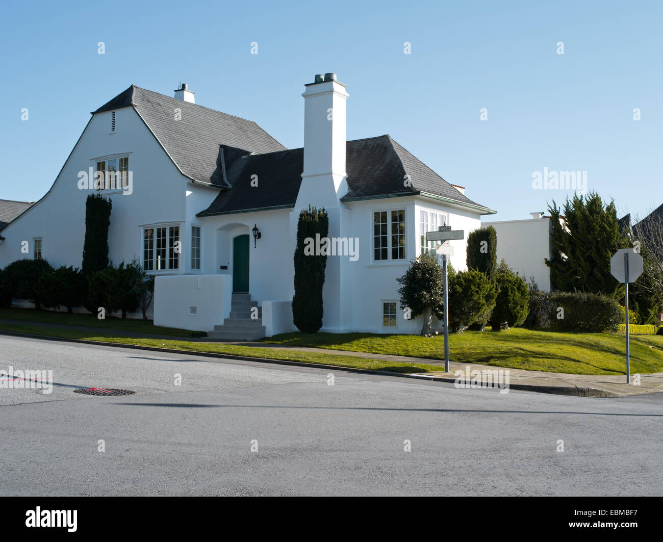 View of nice modern house in summer environment Stock Photo - Alamy