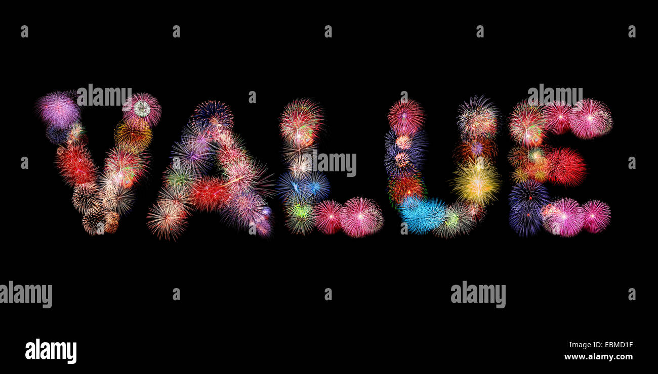 Value word colorful fireworks text isolated on black background Stock ...