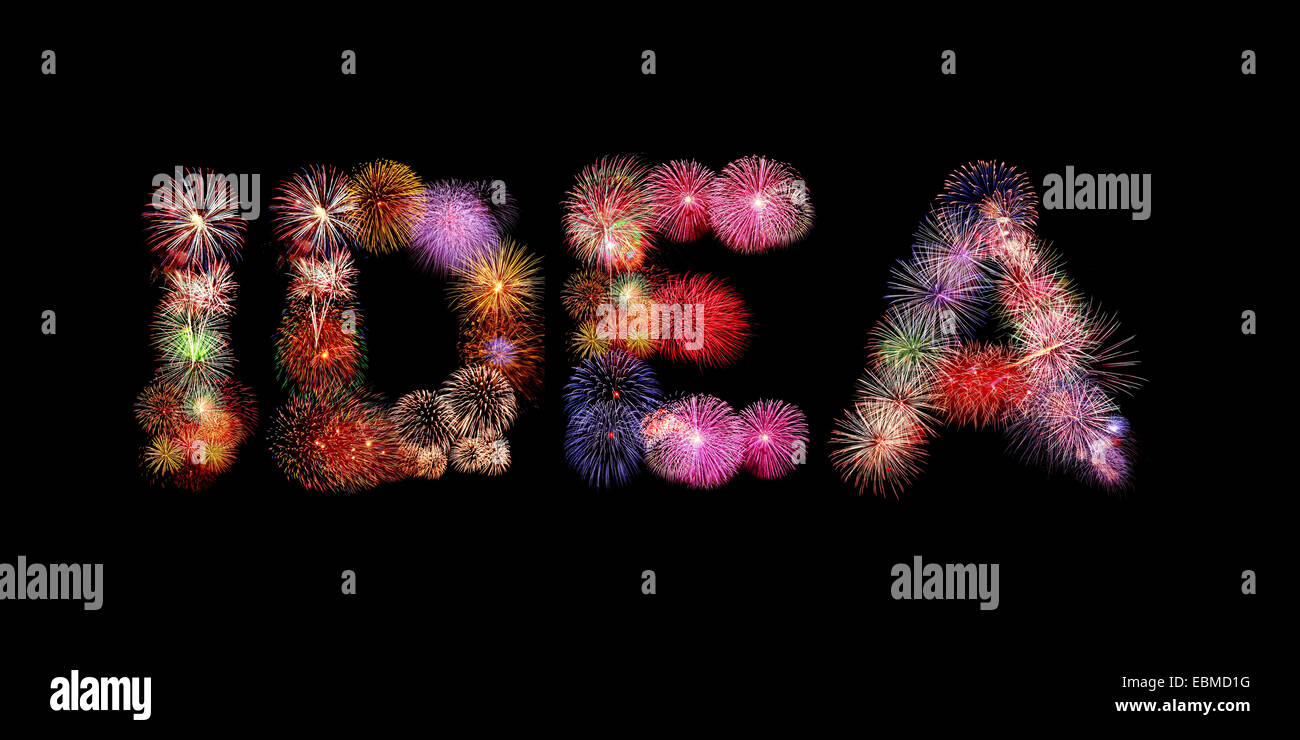 Idea word colorful fireworks text isolated on black background Stock ...