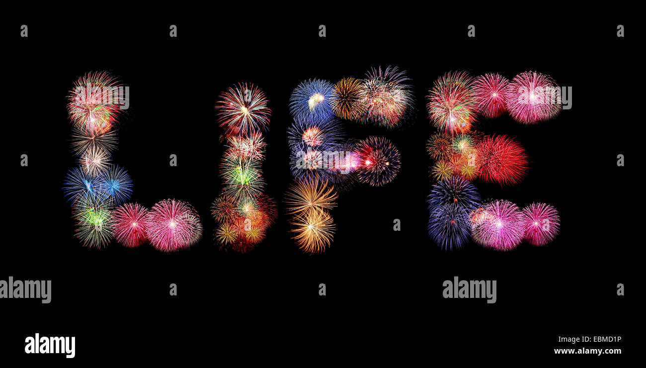 Life word colorful fireworks text isolated on black background Stock ...