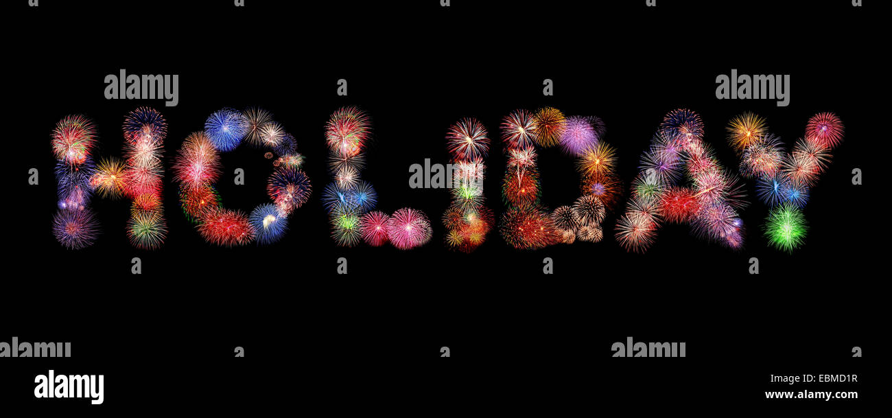 Holiday word colorful fireworks text isolated on black background Stock ...