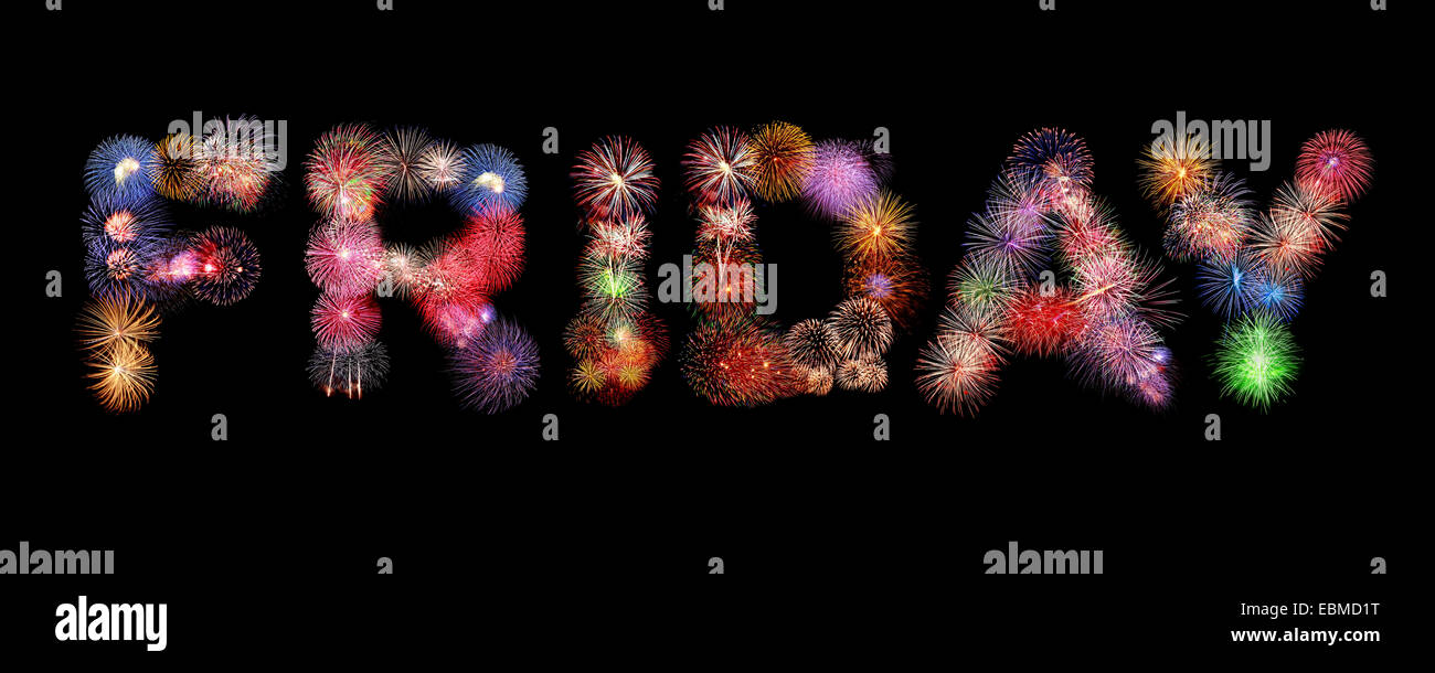 Friday word colorful fireworks text isolated on black background Stock ...
