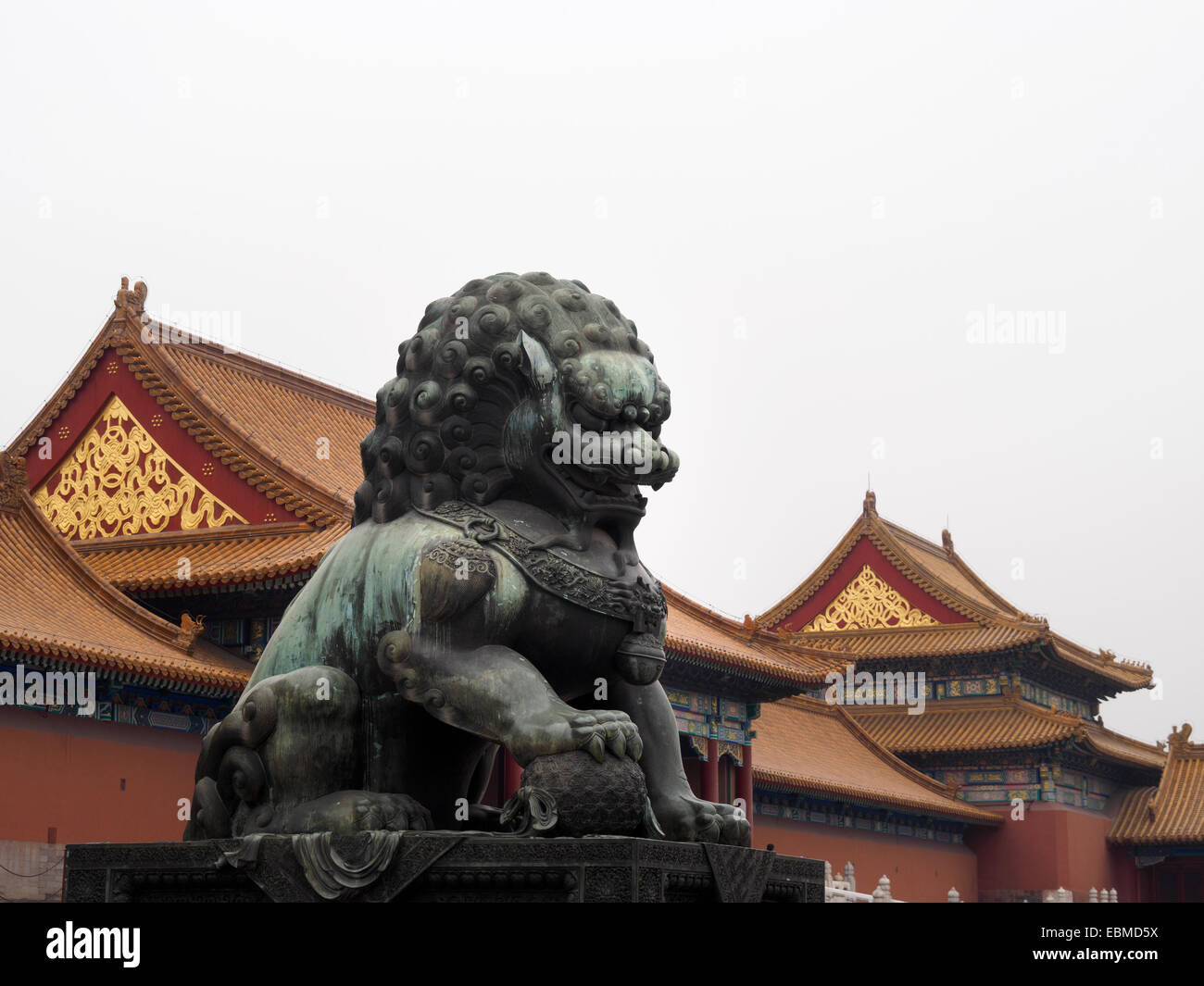 Bronze statue of Chinese guardian lions in the Forbidden City in ...