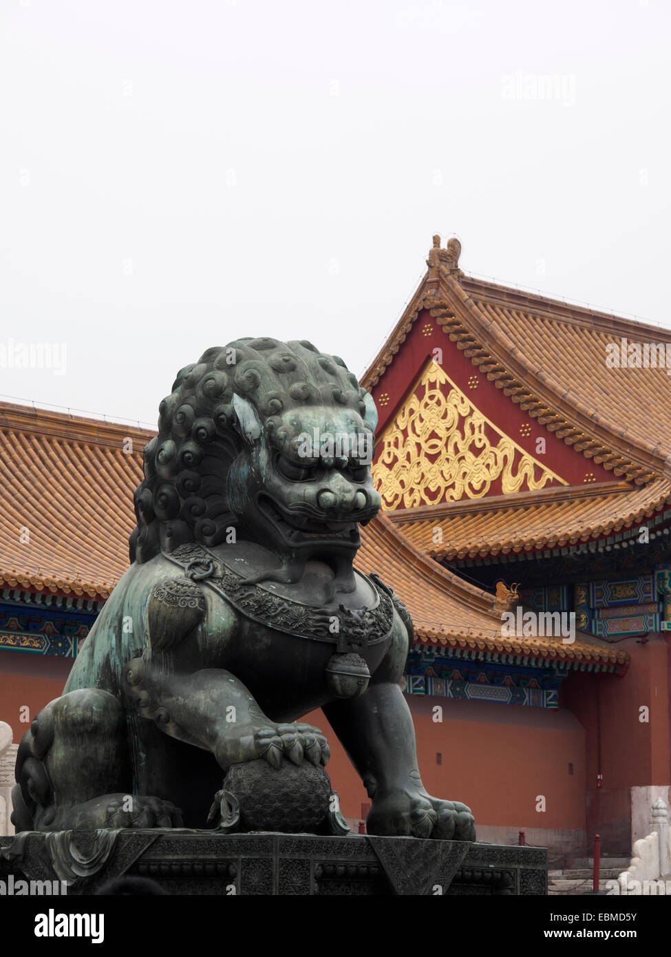 Bronze statue of Chinese guardian lions in the Forbidden City in ...