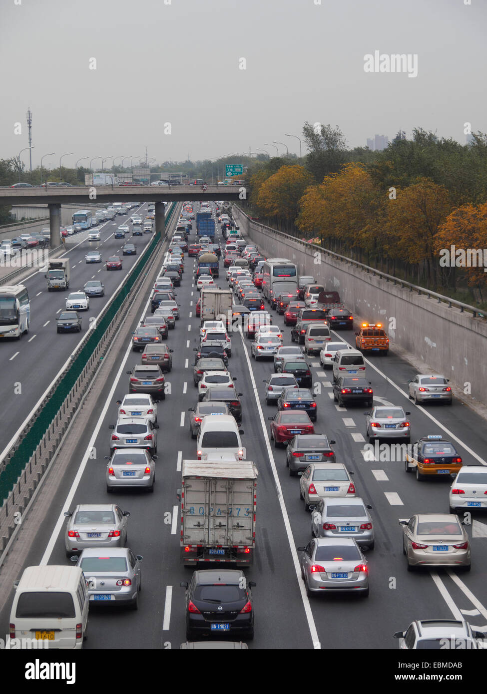 Traffic jam on motorway during rush hour in Beijing, China Stock Photo ...