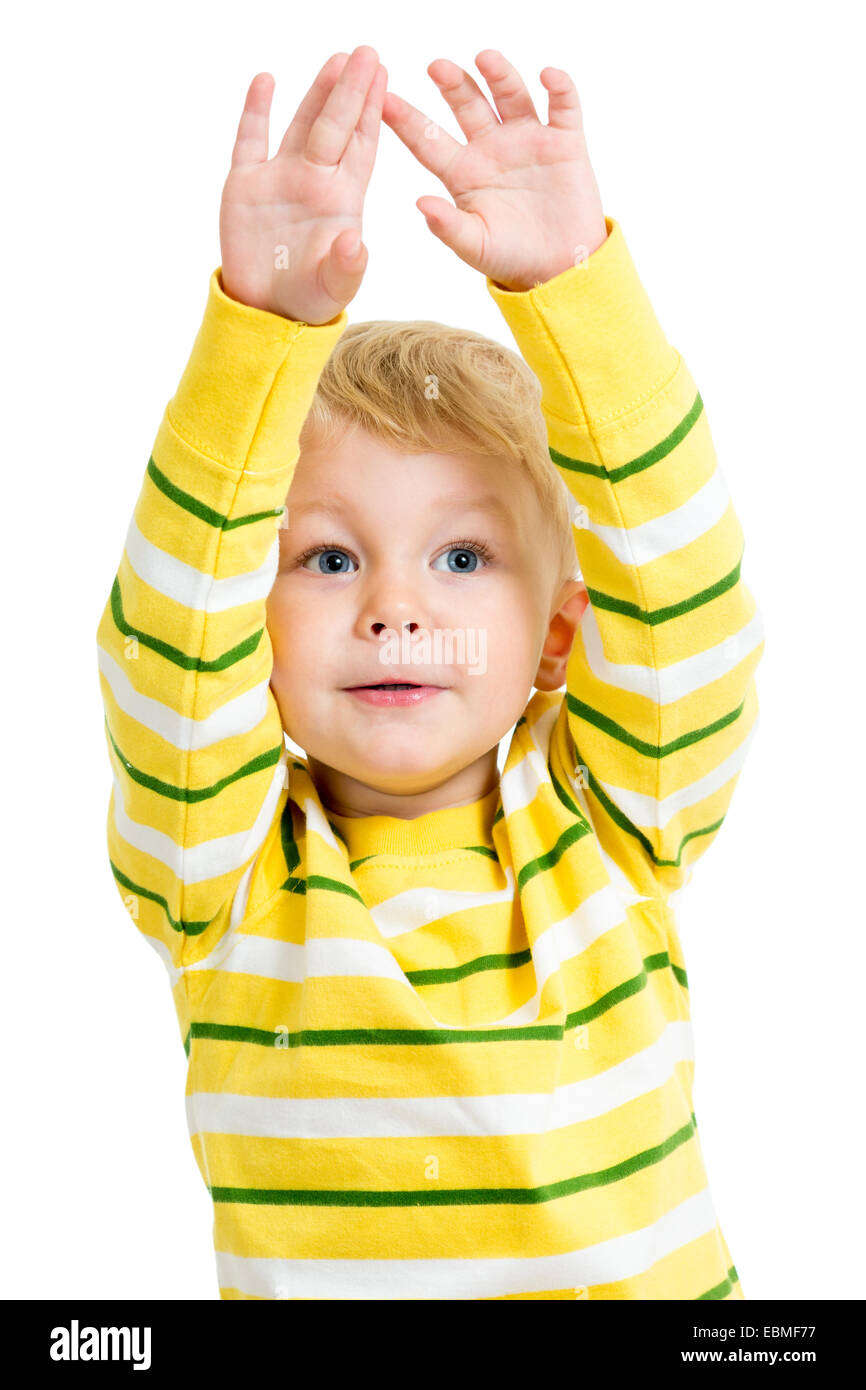 child boy with hands up isolated on white Stock Photo - Alamy