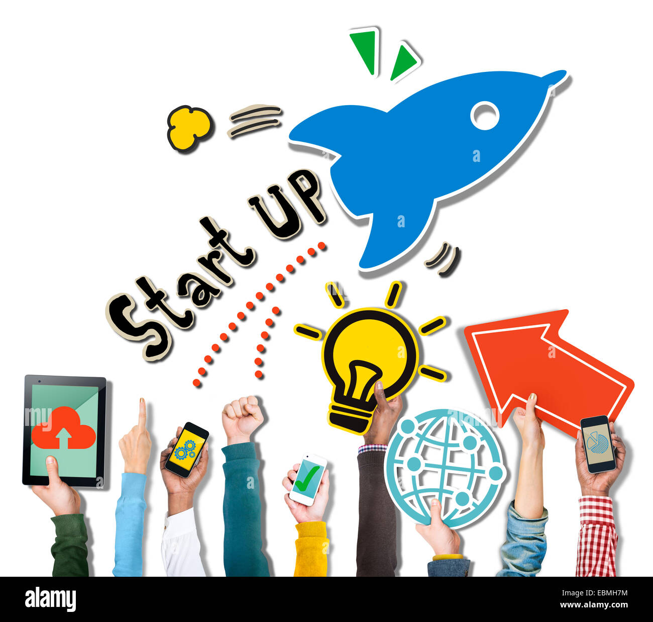 Hands Holding Digital Devices and Start Up Symbols Stock Photo - Alamy