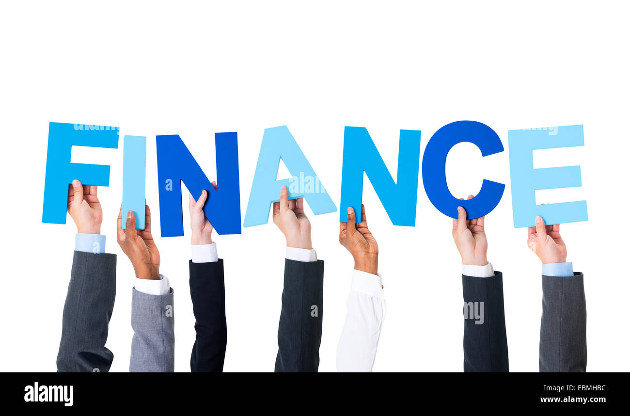 Business People Arms Raised and Holding the Word Finance Stock Photo ...