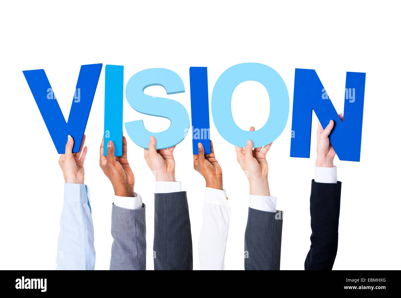 Business People Arms Raised and Holding the Word Vision Stock Photo - Alamy