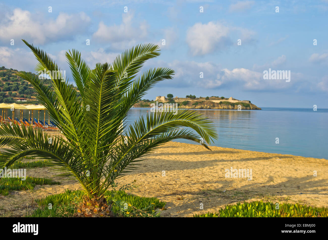 Palms on a sandy beach, old roman fortress in background Stock Photo ...