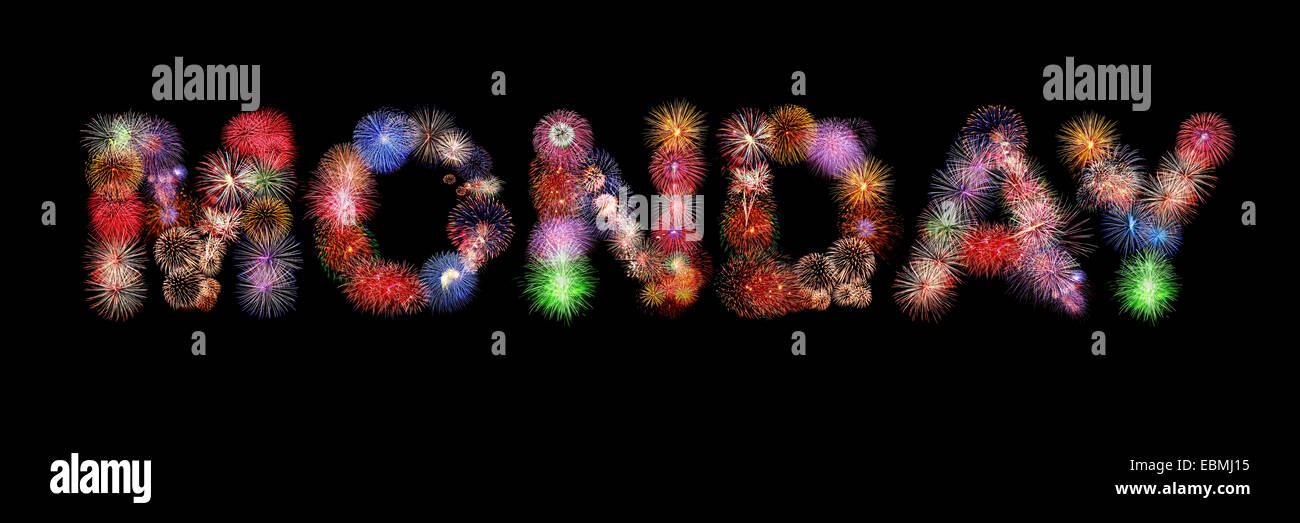 Monday word colorful fireworks text isolated on black background Stock ...
