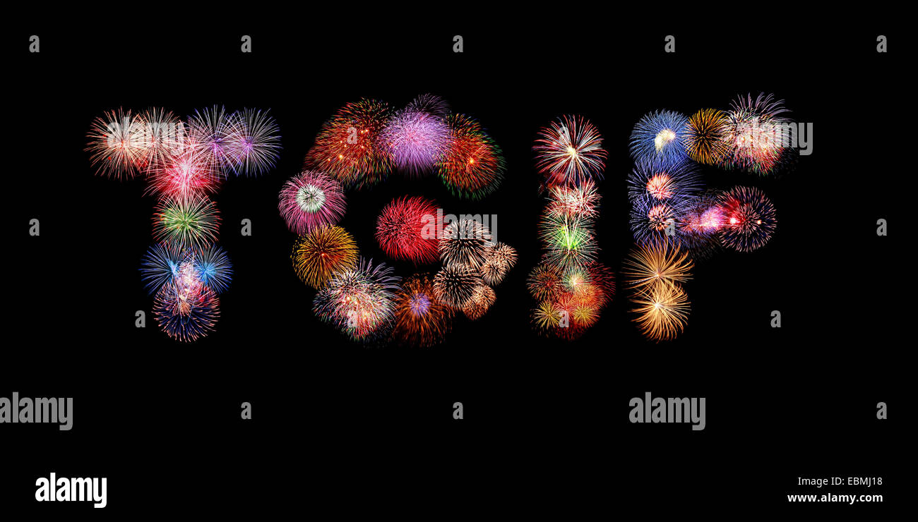 TGIF word colorful fireworks text isolated on black background Stock ...