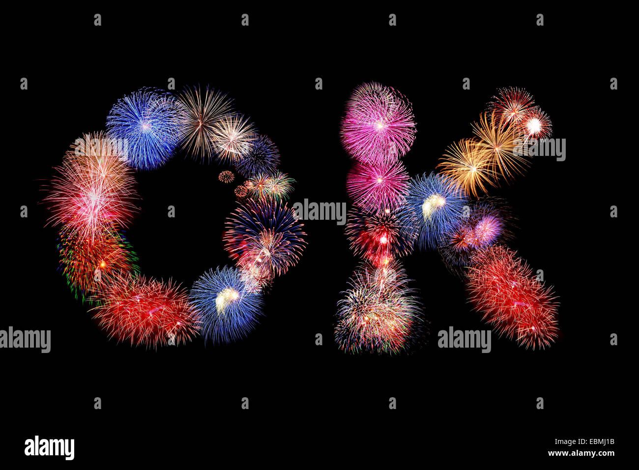 OK word colorful fireworks text isolated on black background Stock ...