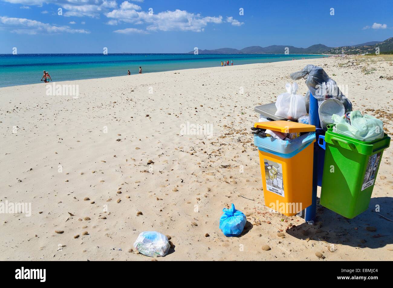 Overflowing trash cans on the beach, Costa Rei, Cagliari, Sardinia ...