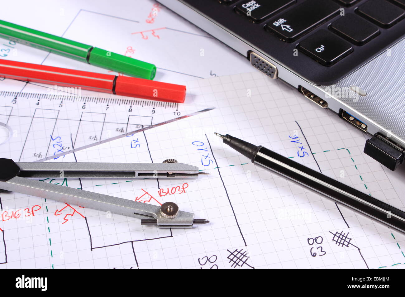 Electrical diagrams, accessories for drawing and laptop, drawings and ...