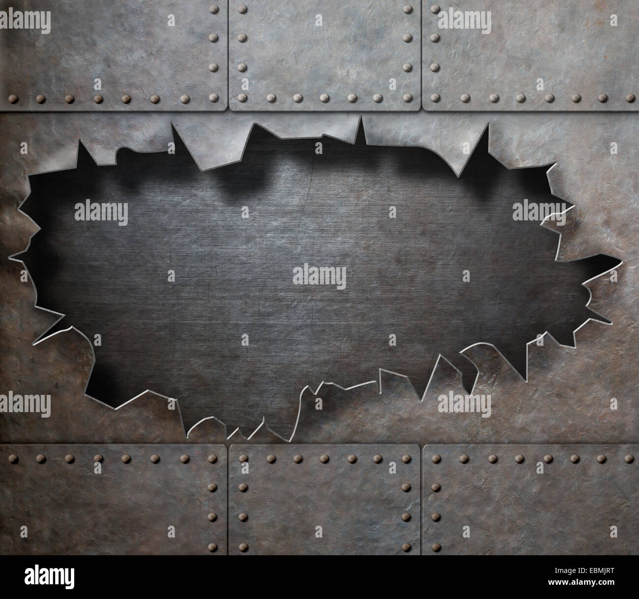 damaged metal armor with torn hole steam punk background Stock Photo ...