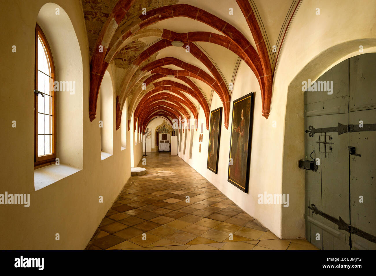 Cloister with sloping walls, Benedictine monastery Seeon, Klostersee ...