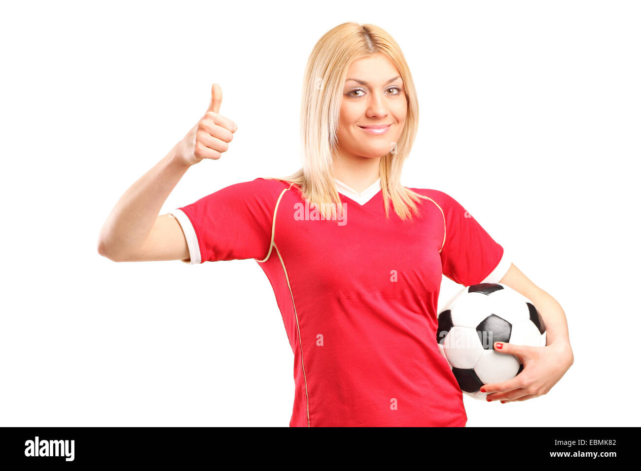 Female football fan giving a thumb up isolated on white background ...