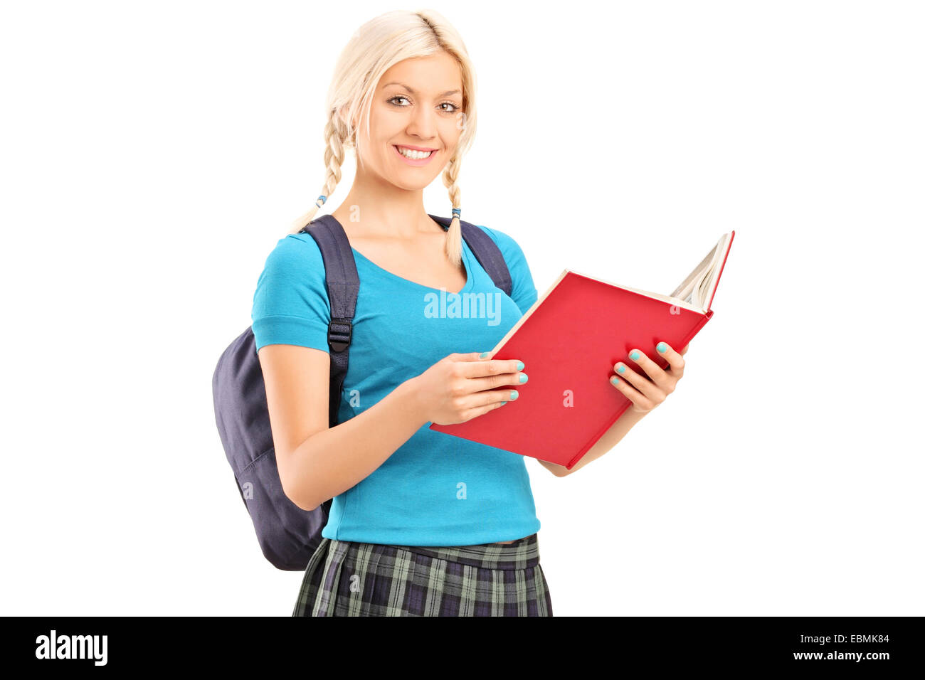 Female student reading from a notebook isolated on white background ...