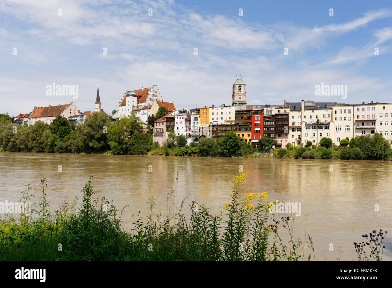 Historic centre with castle and Inn river, Wasserburg am Inn, Chiemgau ...