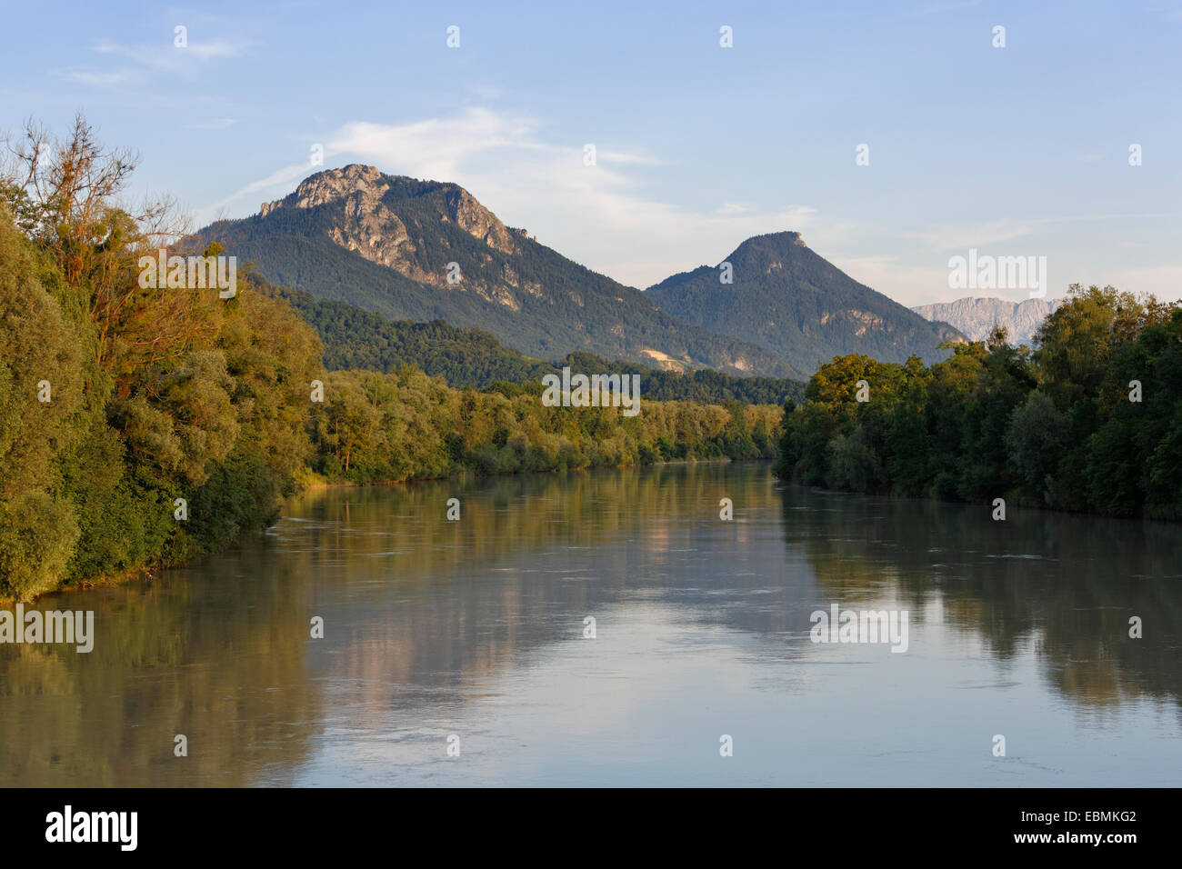 Inn river at Neubeuern with Wasserwand and Kranzhorn mountains ...