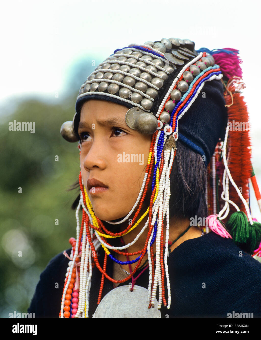 Akha girl with traditional clothing and headdress, portrait, Chiang Rai ...