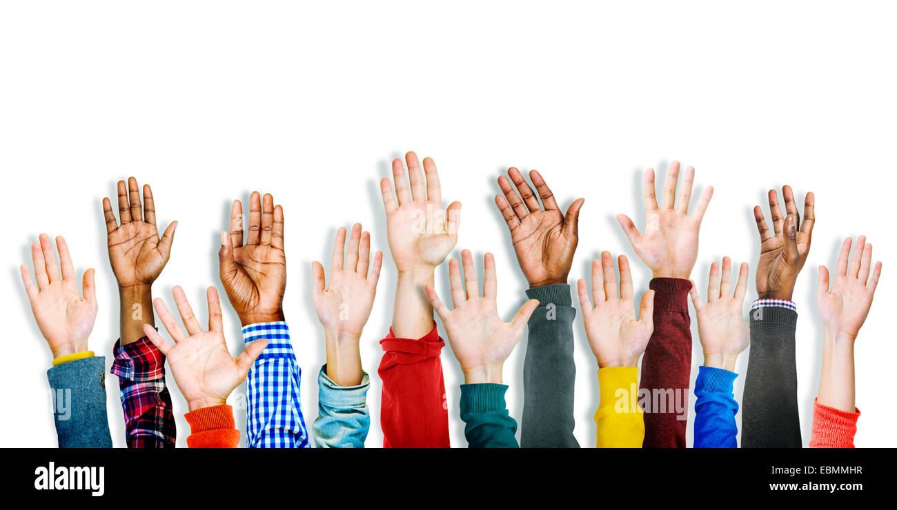 Group of Multiethnic Diverse Hands Raised Stock Photo - Alamy