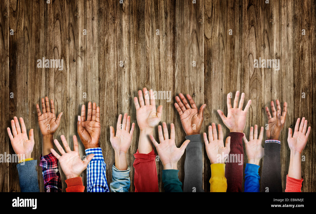 Group of Multiethnic Diverse Hands Raised Stock Photo - Alamy