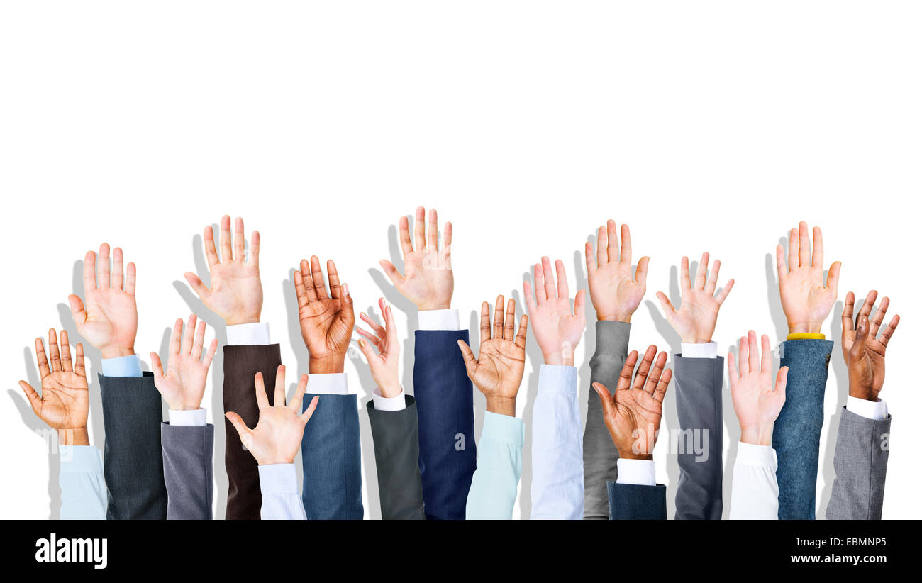Group of Diverse Business People's Hands Raised Stock Photo - Alamy
