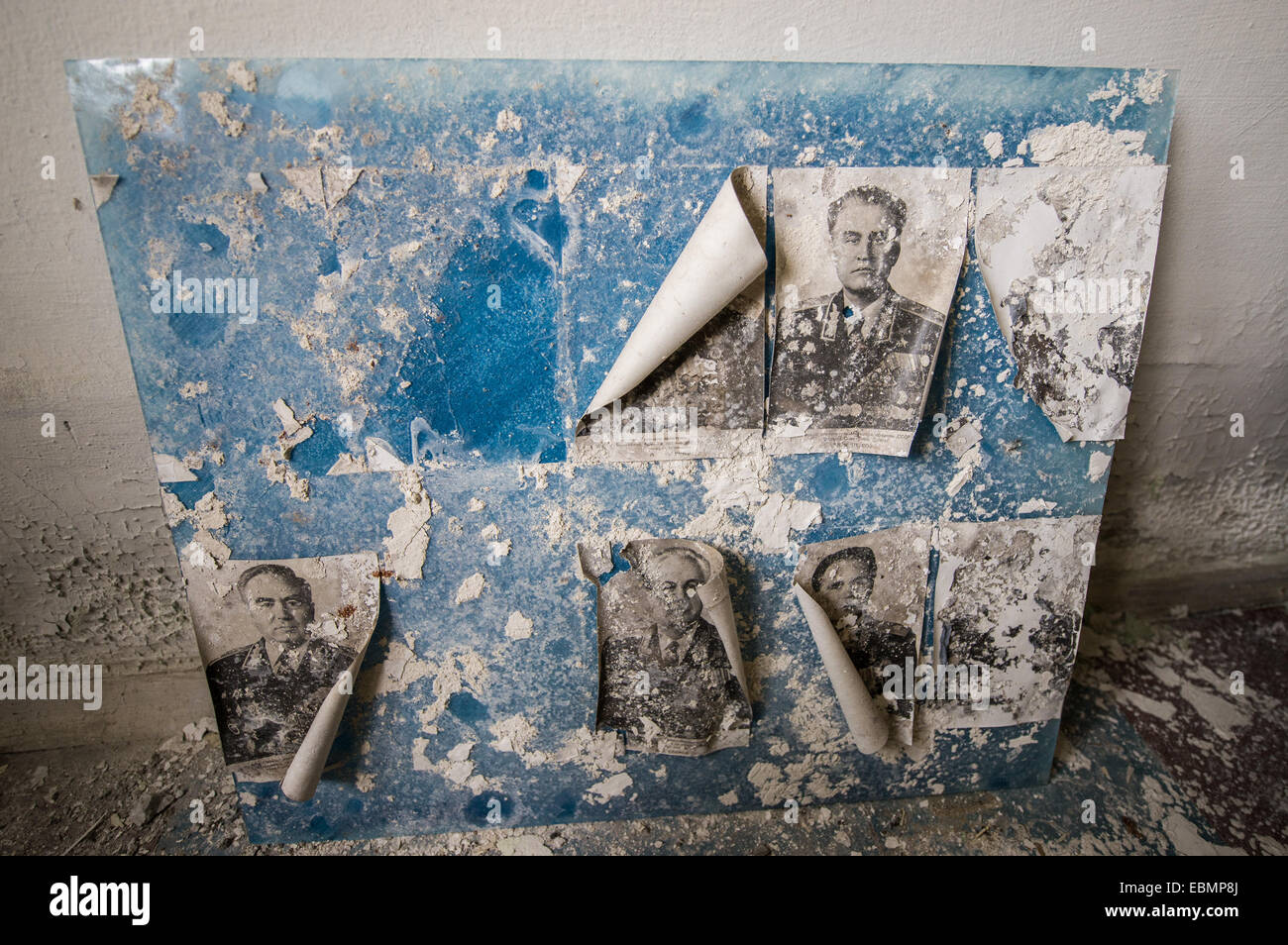 board with photos of soviet army men in Chernobyl-2 military base next ...