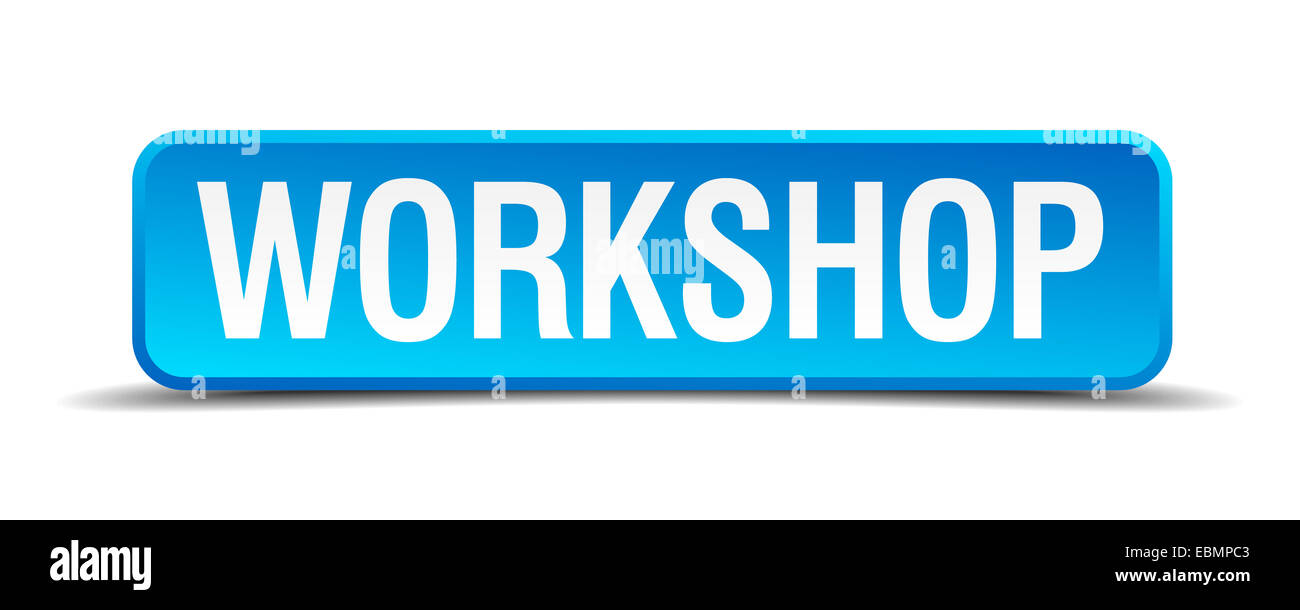 Workshop blue 3d realistic square isolated button Stock Photo - Alamy