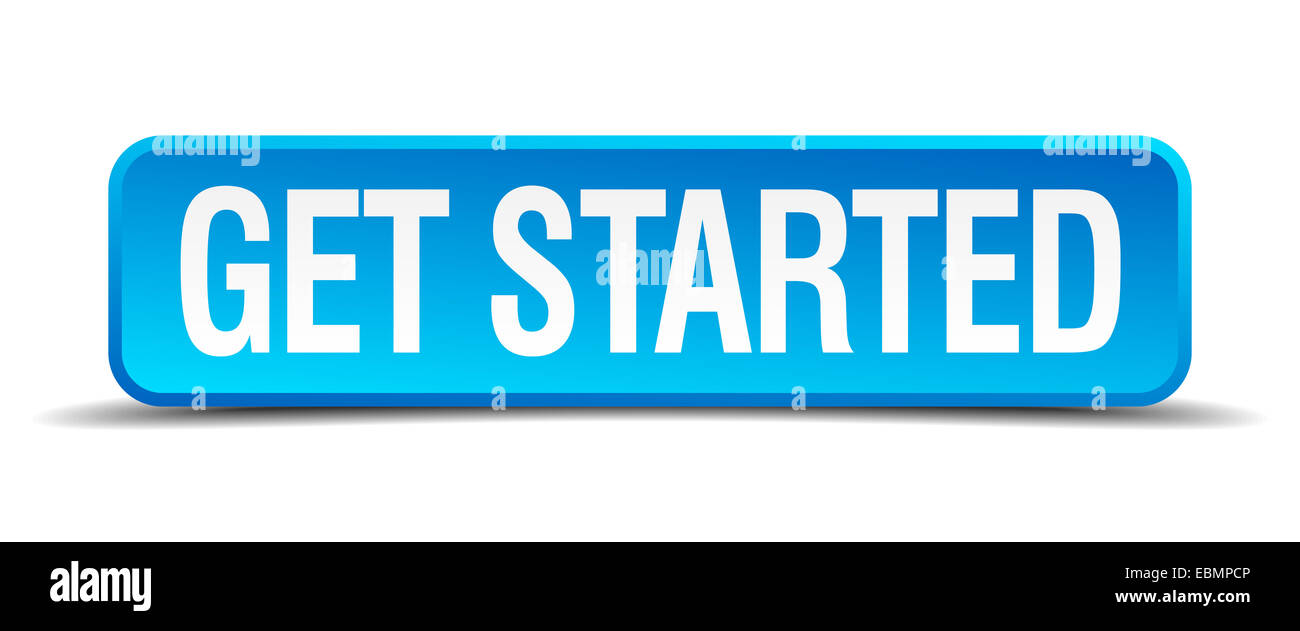 get started blue 3d realistic square isolated button Stock Photo - Alamy