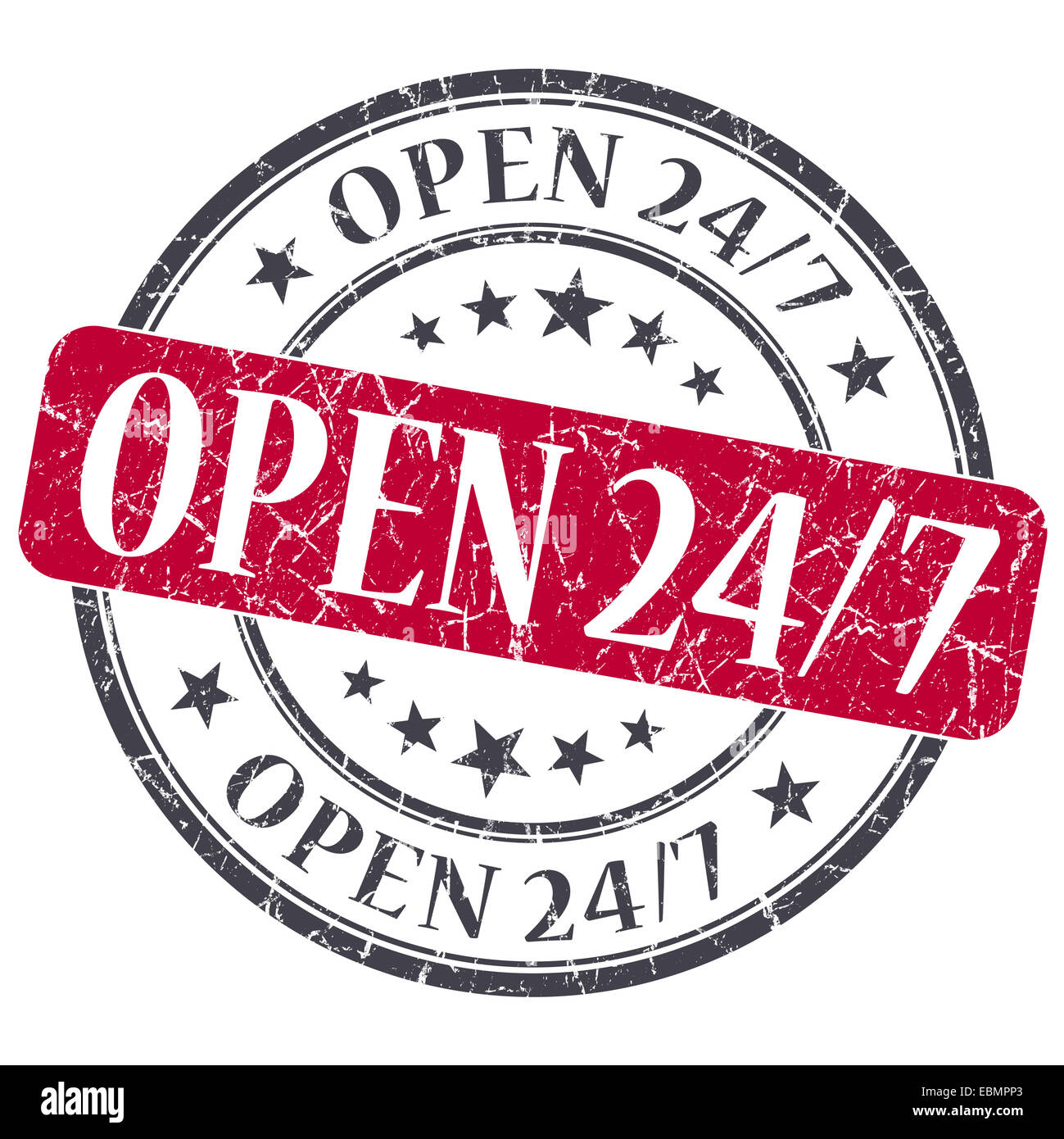 Open 24 7 red grunge round stamp on white background Stock Photo - Alamy