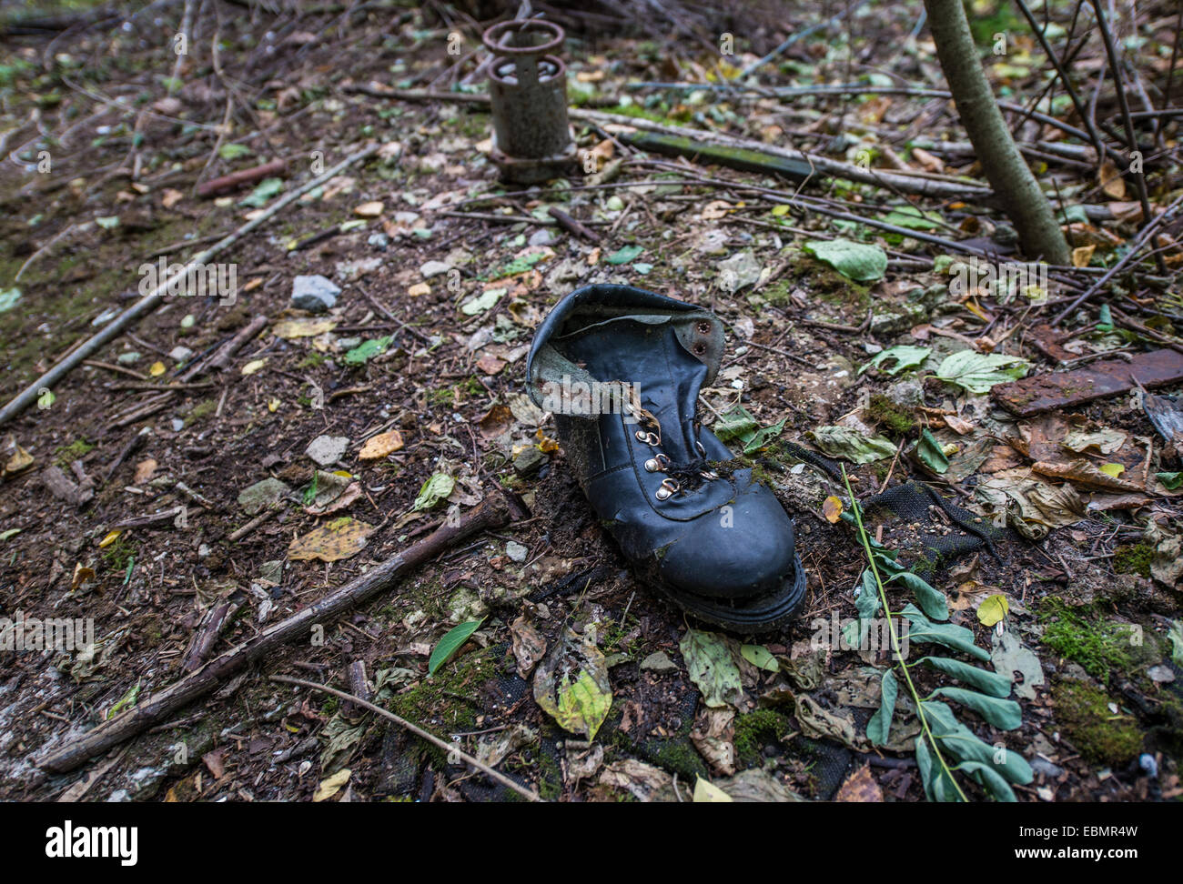 old shoe in Chernobyl-2 military base next to Duga-3 Soviet radar in ...