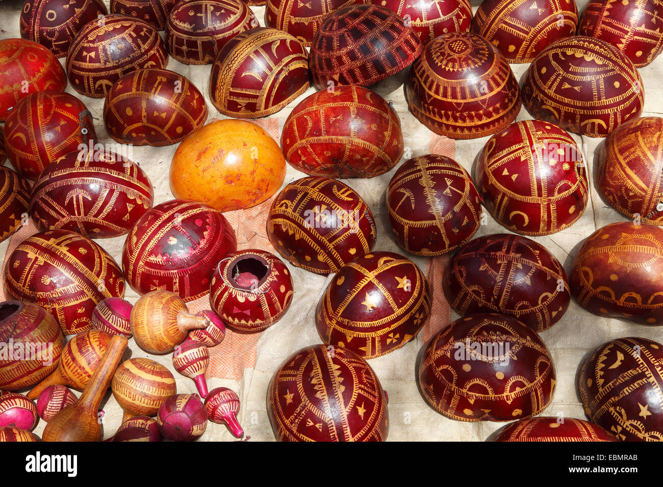 Typical calabash helmets at a market, Tourou, Far North, Cameroon Stock ...