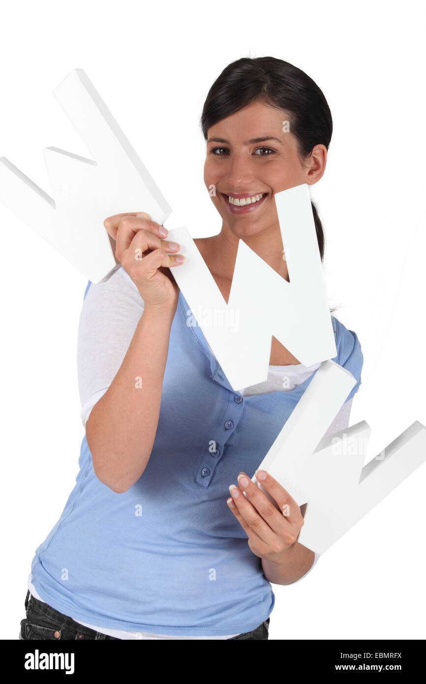 Woman holding WWW letters Stock Photo - Alamy