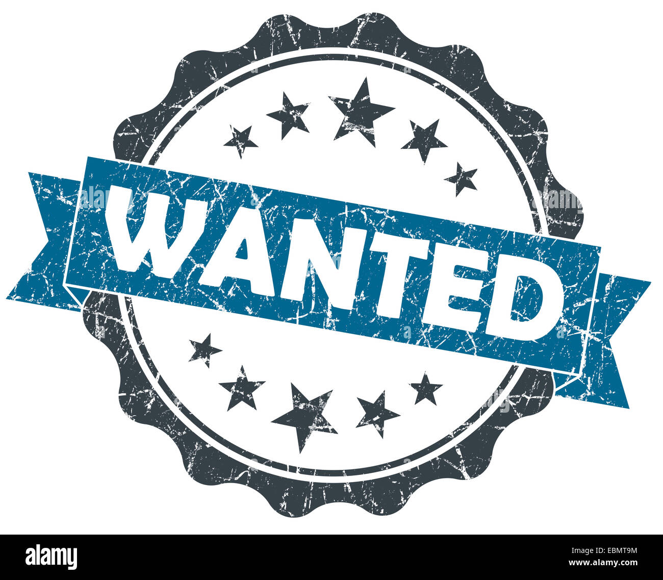 Wanted blue grunge vintage seal isolated on white Stock Photo - Alamy