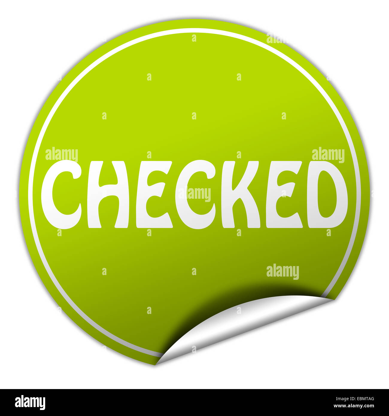 checked round green sticker on white background Stock Photo - Alamy