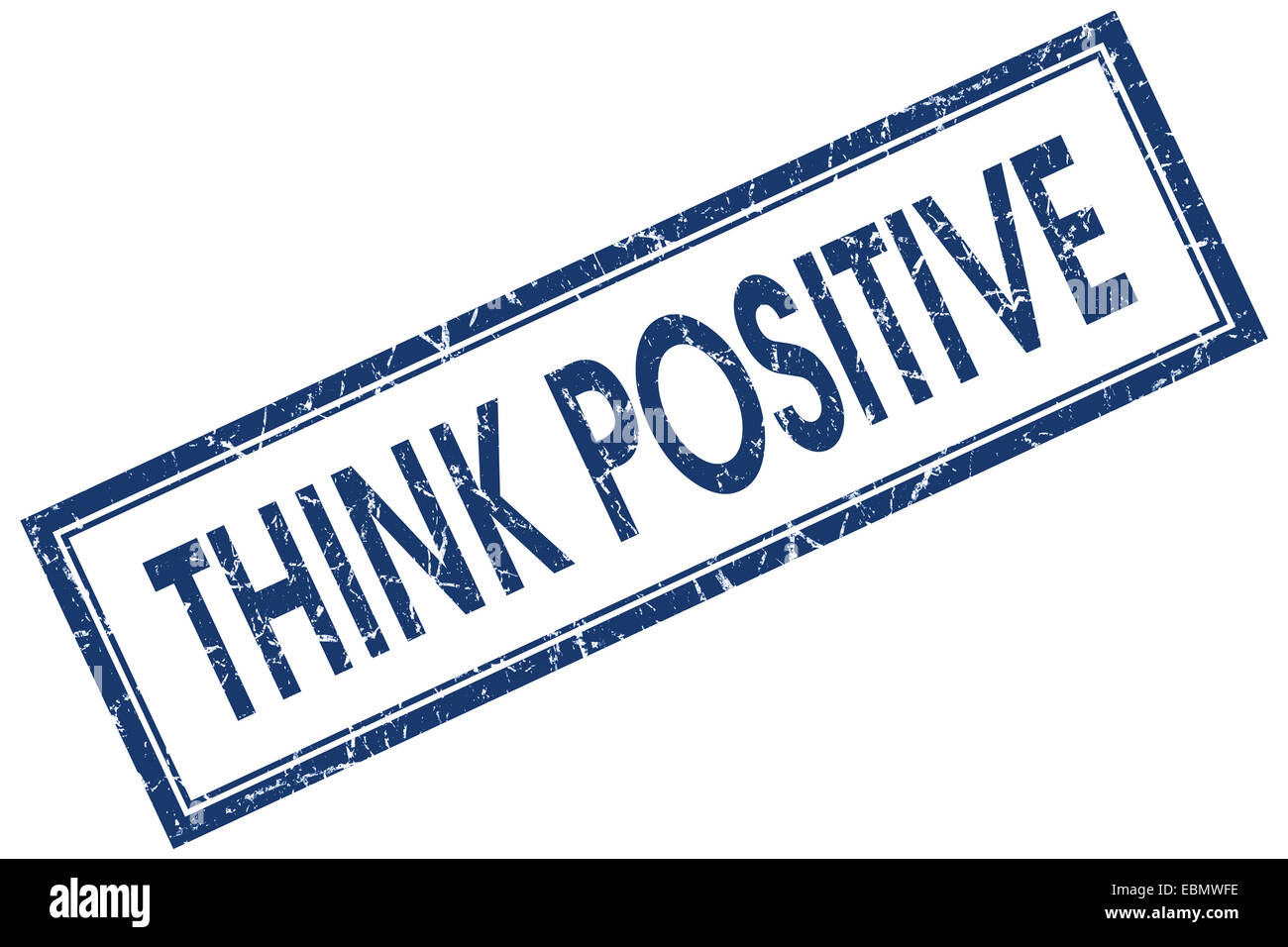 Think positive blue square grungy stamp isolated on white background ...