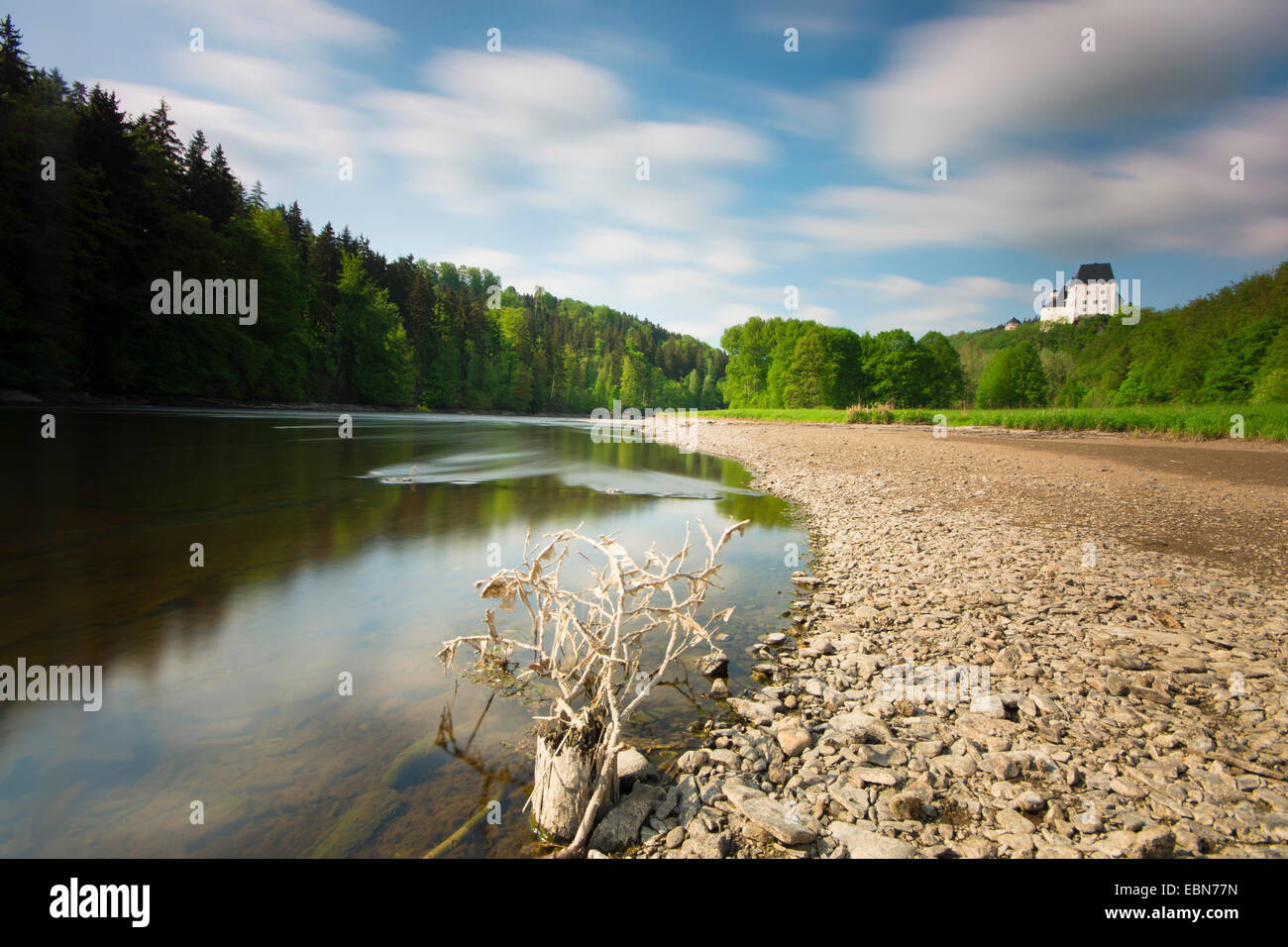 Saale river bank, Burgk castle in background, Germany, Thueringen ...