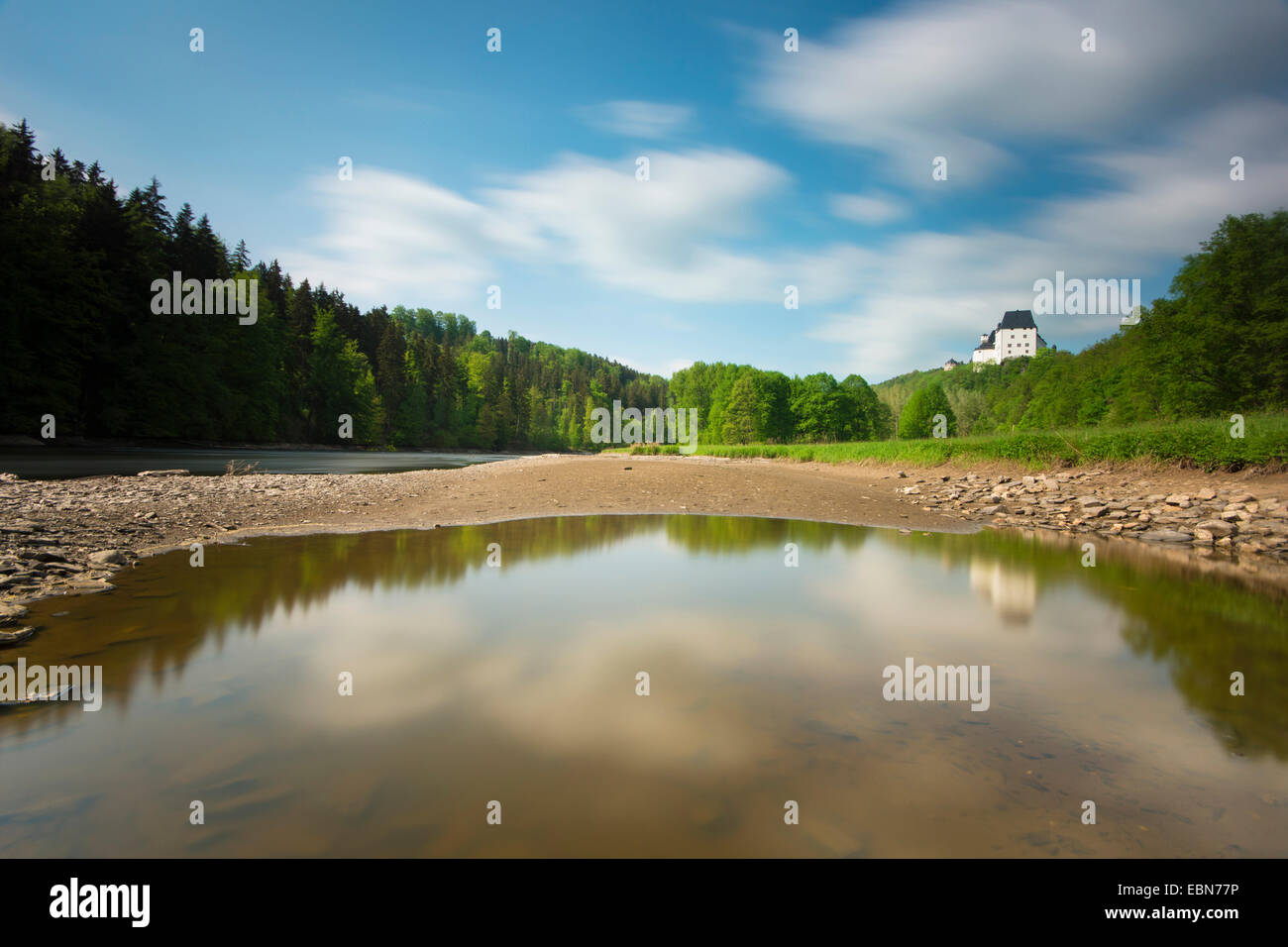 Saale river bank, Burgk castle in background, Germany, Thueringen ...