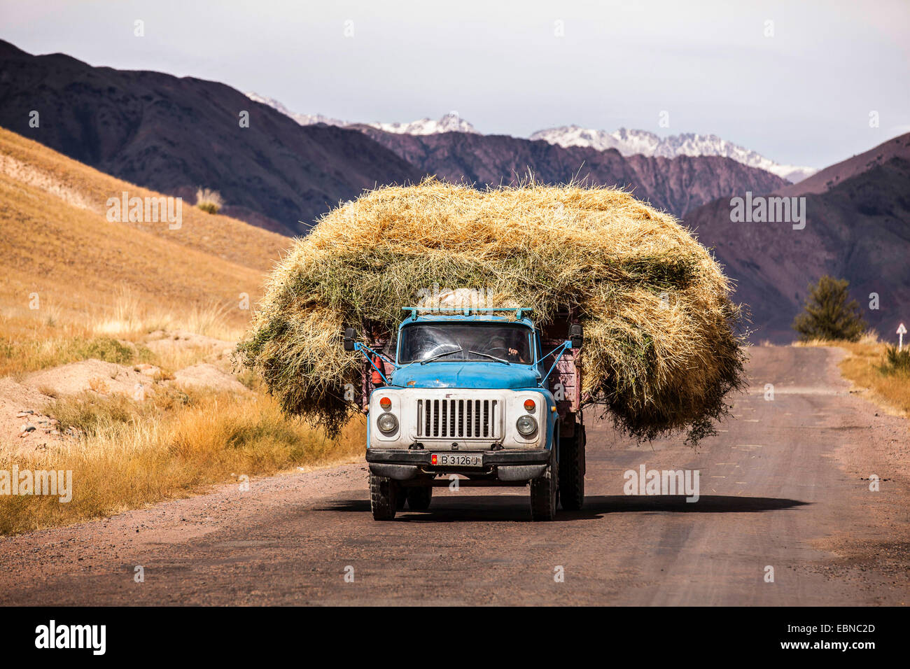 old truck loaded with hay on a road, Kyrgyzstan, Karakoel Stock Photo ...