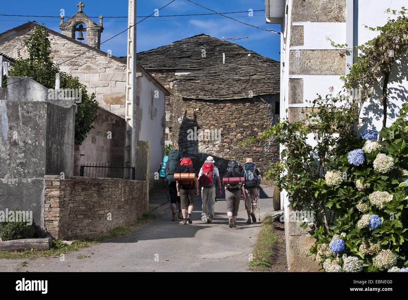 pilgrims on the way in Gonzar, Spain, Galicia, Lugo, Gonzar Stock Photo ...