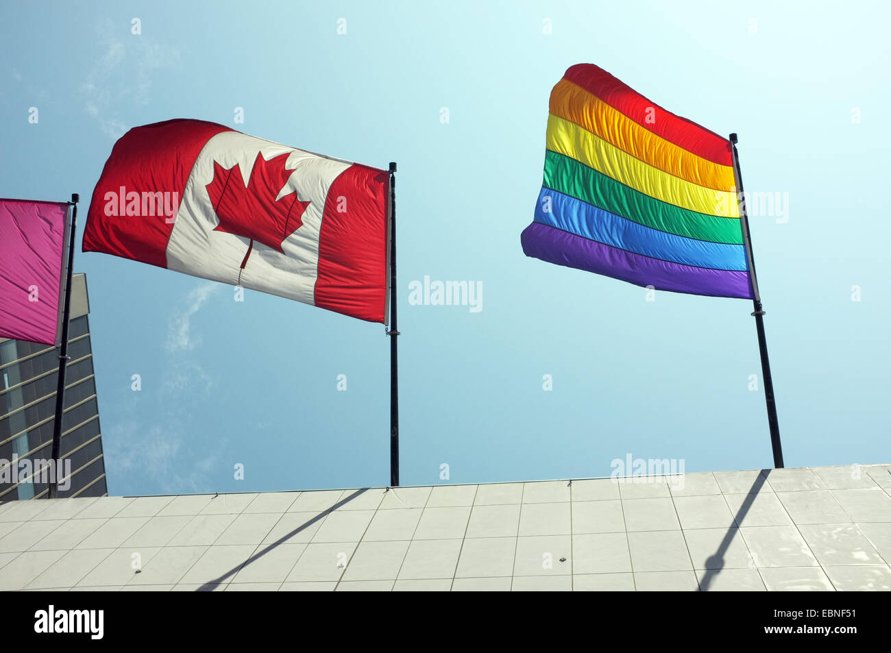 The Canadian and Rainbow flags at the 2014 World Pride in Toronto Stock ...