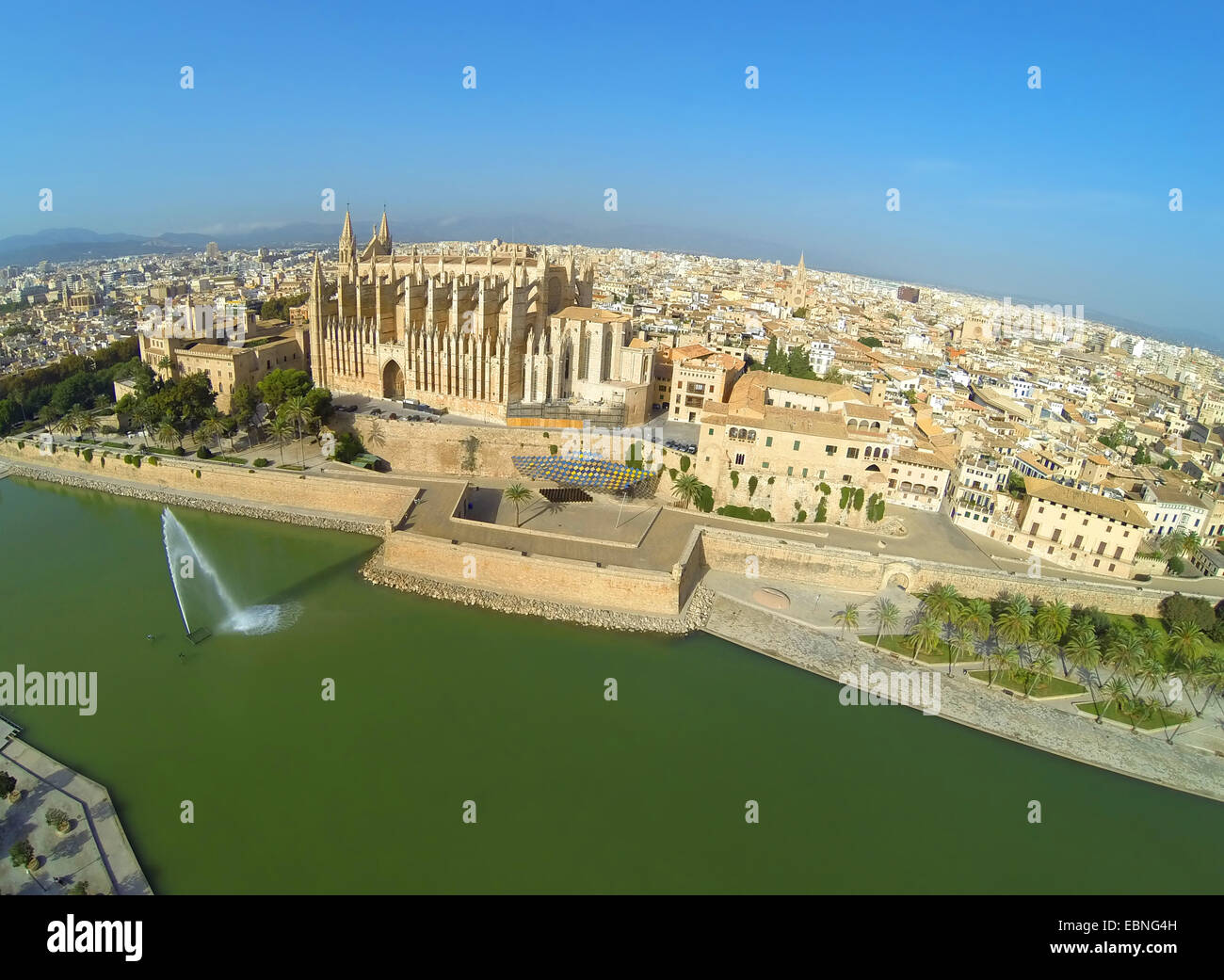 aerial view from Parc de la Mar to La Seu Cathedral, Royal Palace of La ...