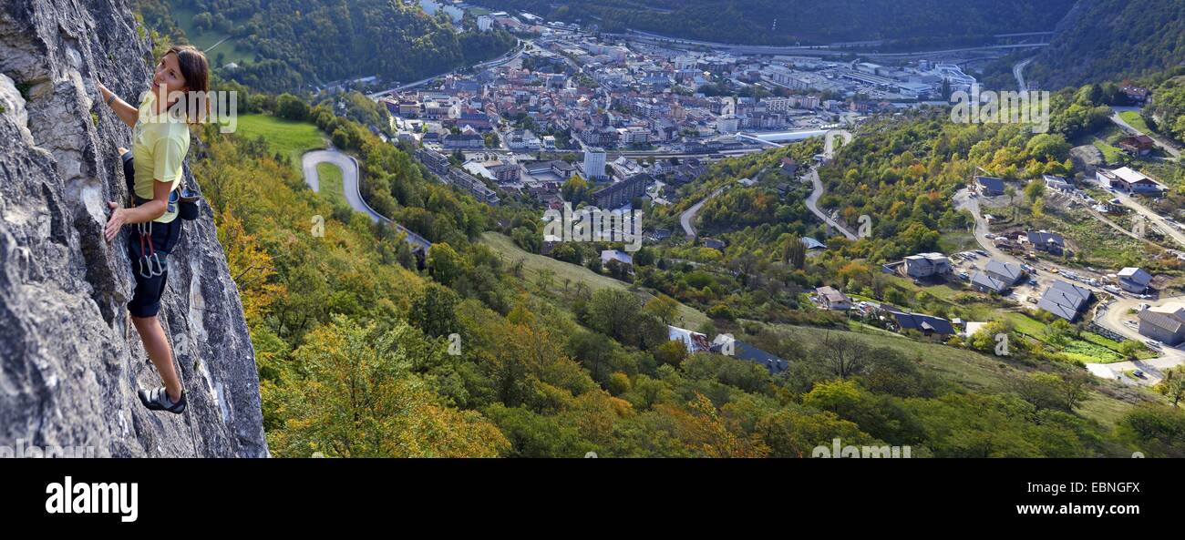 woman climbing over Moutiers village in Savoy, France, Savoie, Moutiers ...