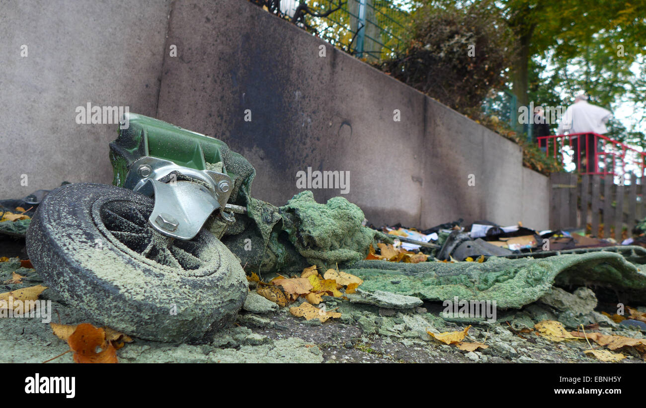 burned garbage container on the schoolyard, Germany, North Rhine ...